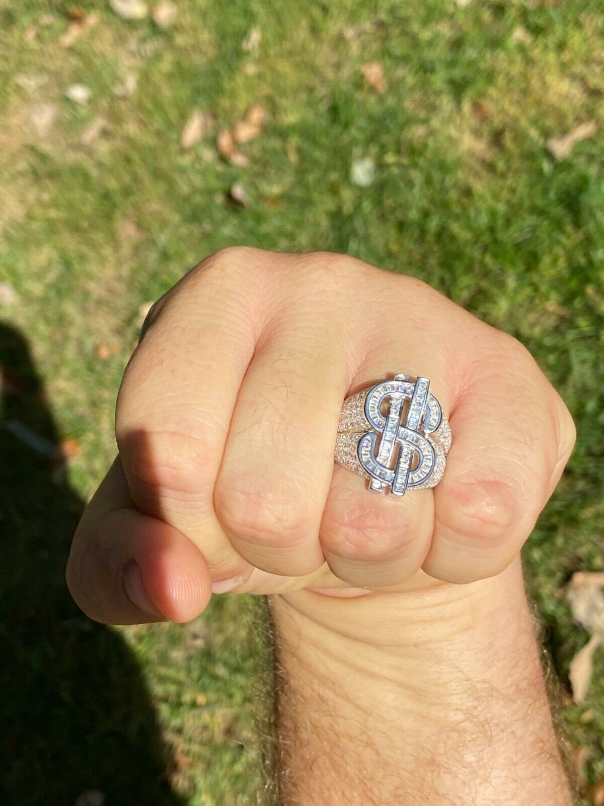 Iced Out Dollar Sign Ring: Baguette Simulated Diamond, Sterling Silver ...