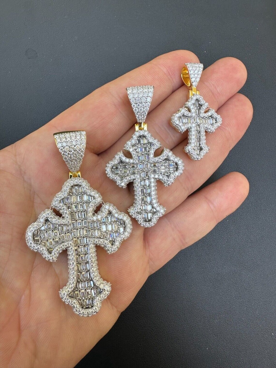 Iced Out Baguette Moissanite Gothic Cross Pendant: 14k Gold Vermeil ...