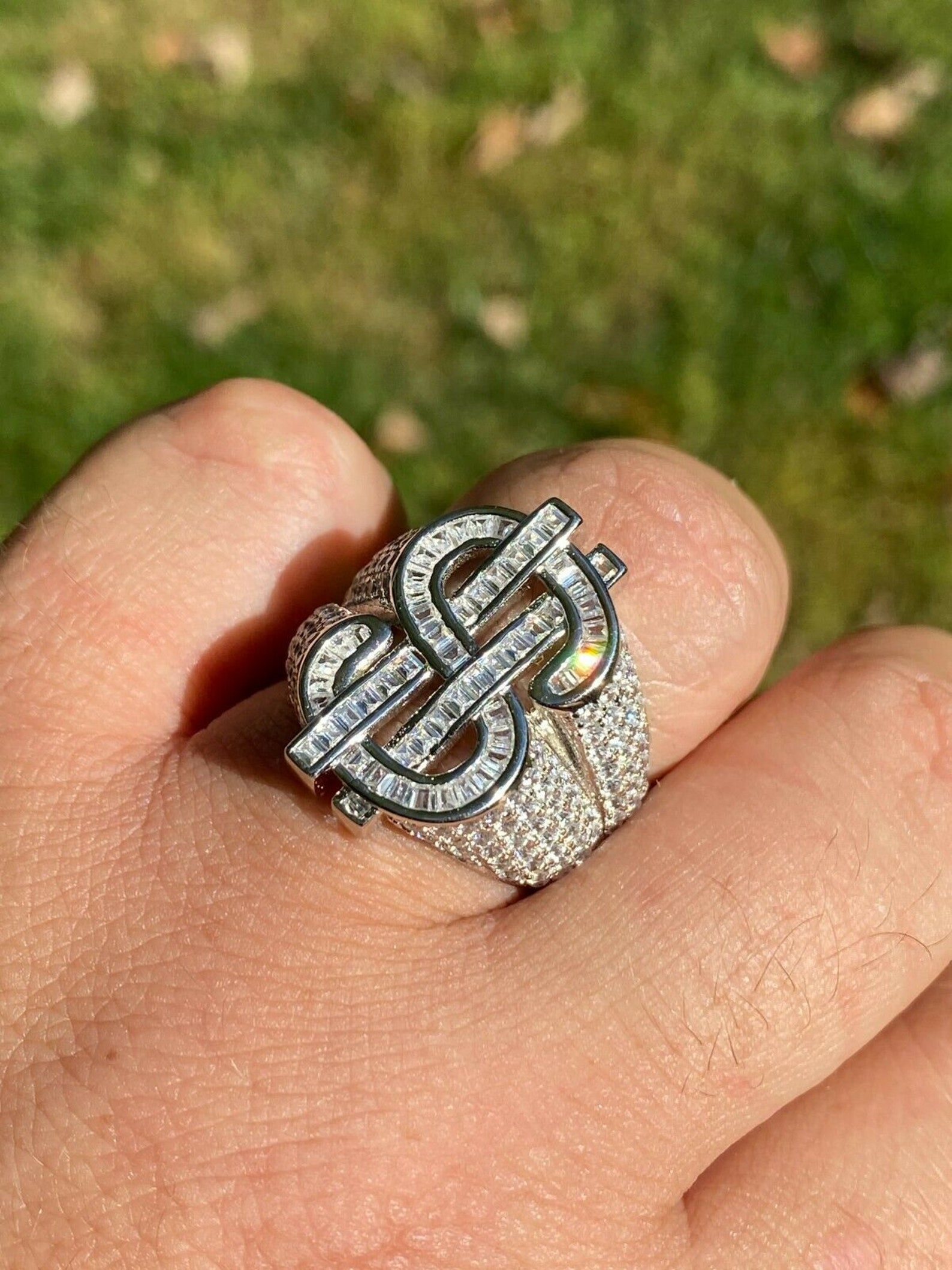 Iced Out Dollar Sign Ring: Baguette Simulated Diamond, Sterling Silver ...