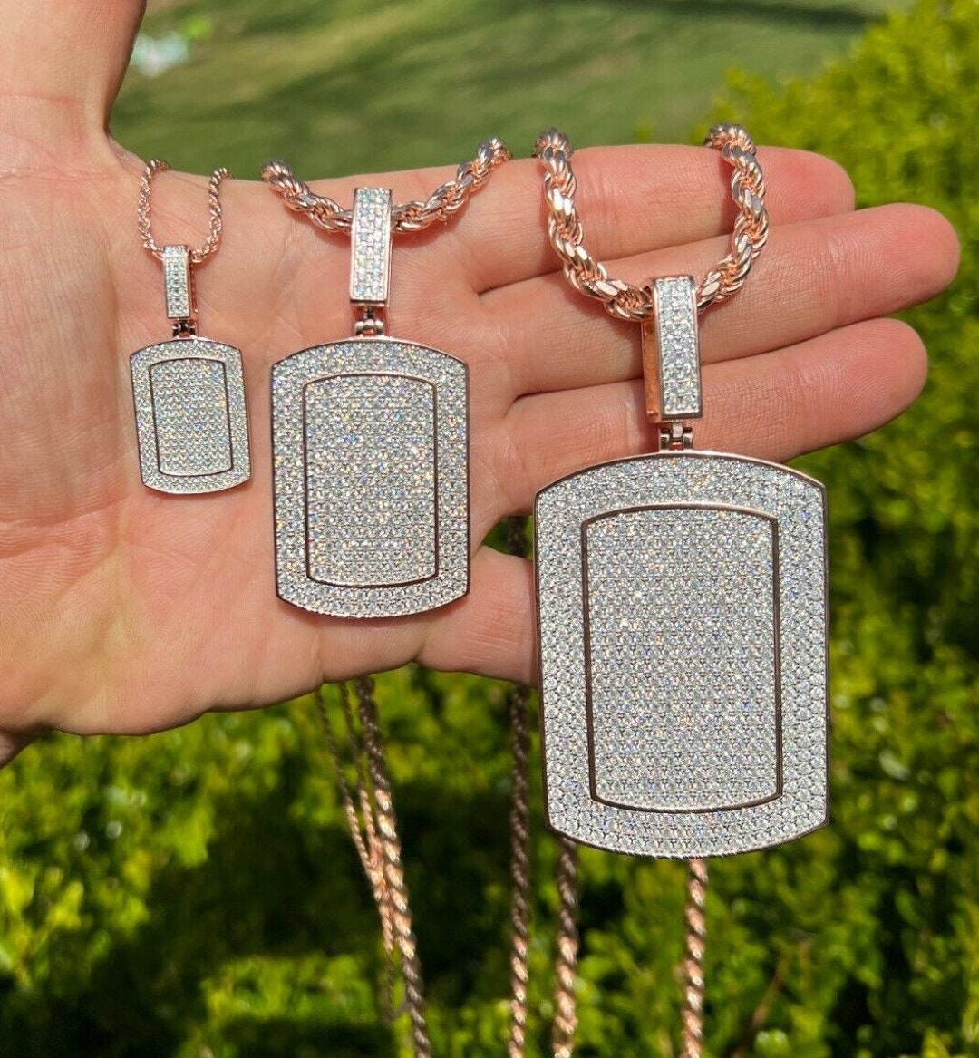 Iced Out Moissanite Dog Tag Pendant: Rose Gold Sterling Silver - Etsy