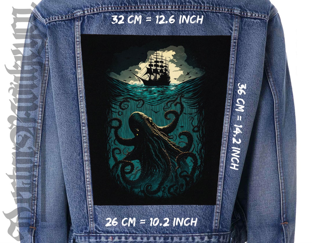 Giant Octopus Back Patch - Nautical Tentacles Design on Black Canvas ...
