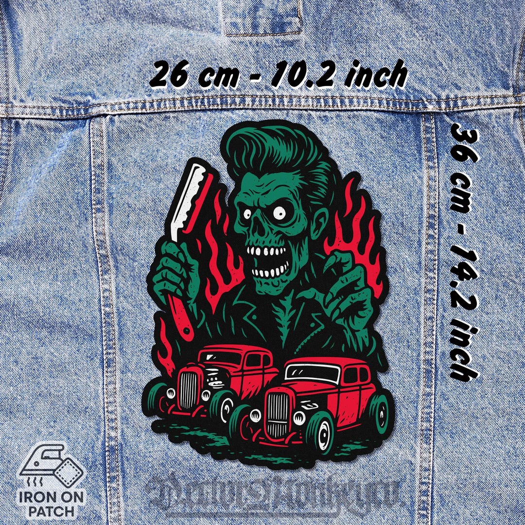Hot Rod Skull Back Patch Iron on – Large Canvas Cut Patch Psychobilly ...