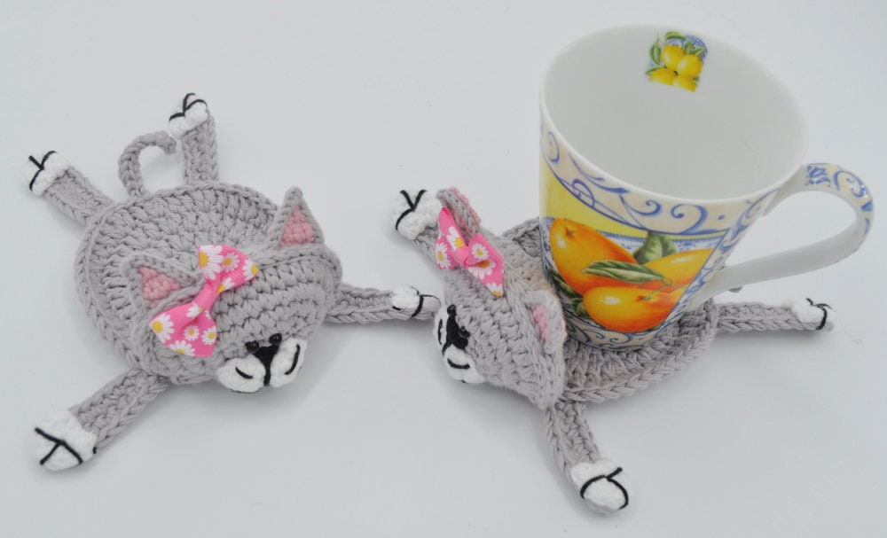 White Elephant Gift, Cat Coasters Set, Crochet Cute Kitty Lover Gift ...