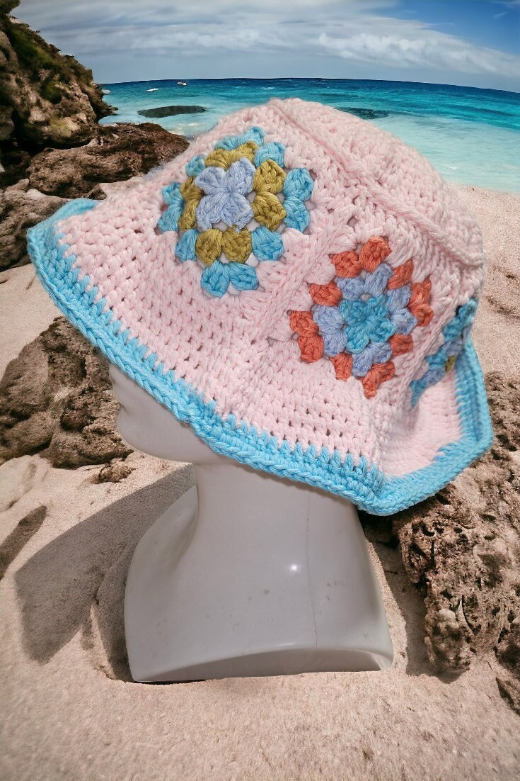 Crochet Bucket Beach Hat for Women, Patchwork Hat, Granny Square ...