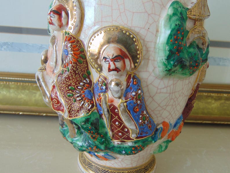 Vintage Japanese Moirage Crackle Glaze Satsuma Relief Vase - Deities ...