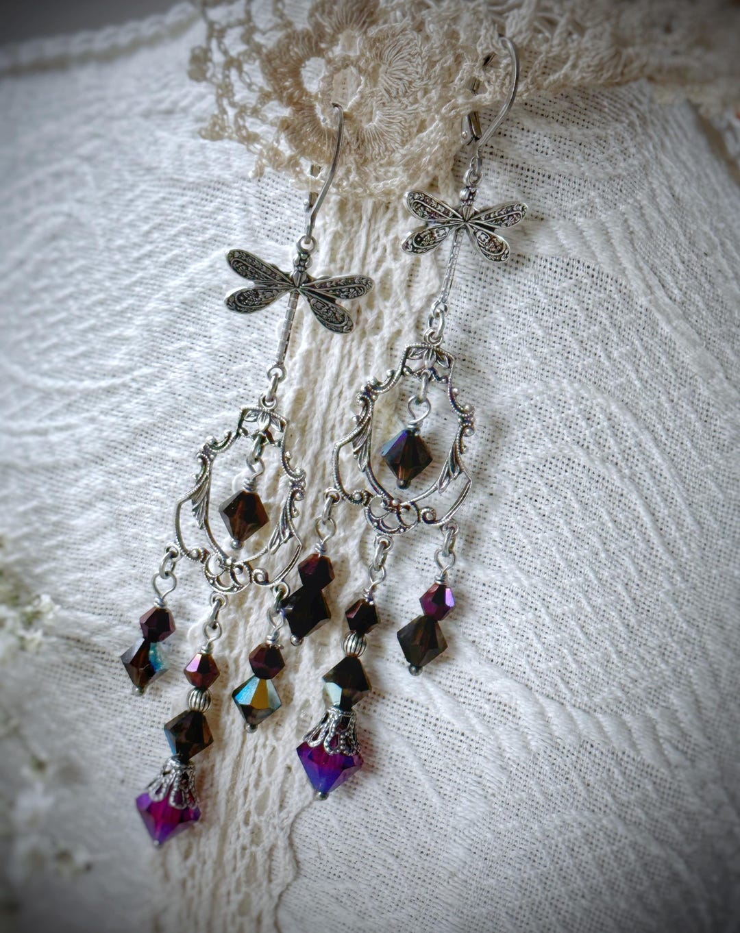 Dark Merlot Dragonfly Art Nouveau Extra Long Silver Crystal Chandelier ...