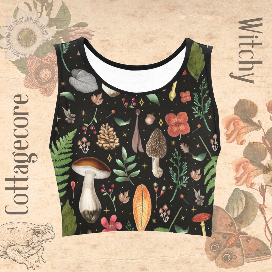Gothic Cottagecore Clothing Mushroom Black Crop Top Witchy Forest Crop ...