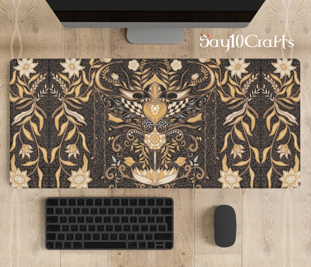 Gold Flowers Retro Desk Mat Gold Black Mousepad Xxl Boho Gaming ...