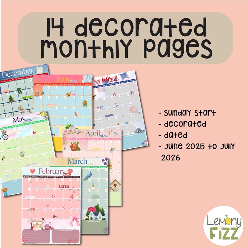 Mid-year Decorated Monthly Calendars CANVA Template, NOTEFUL ...