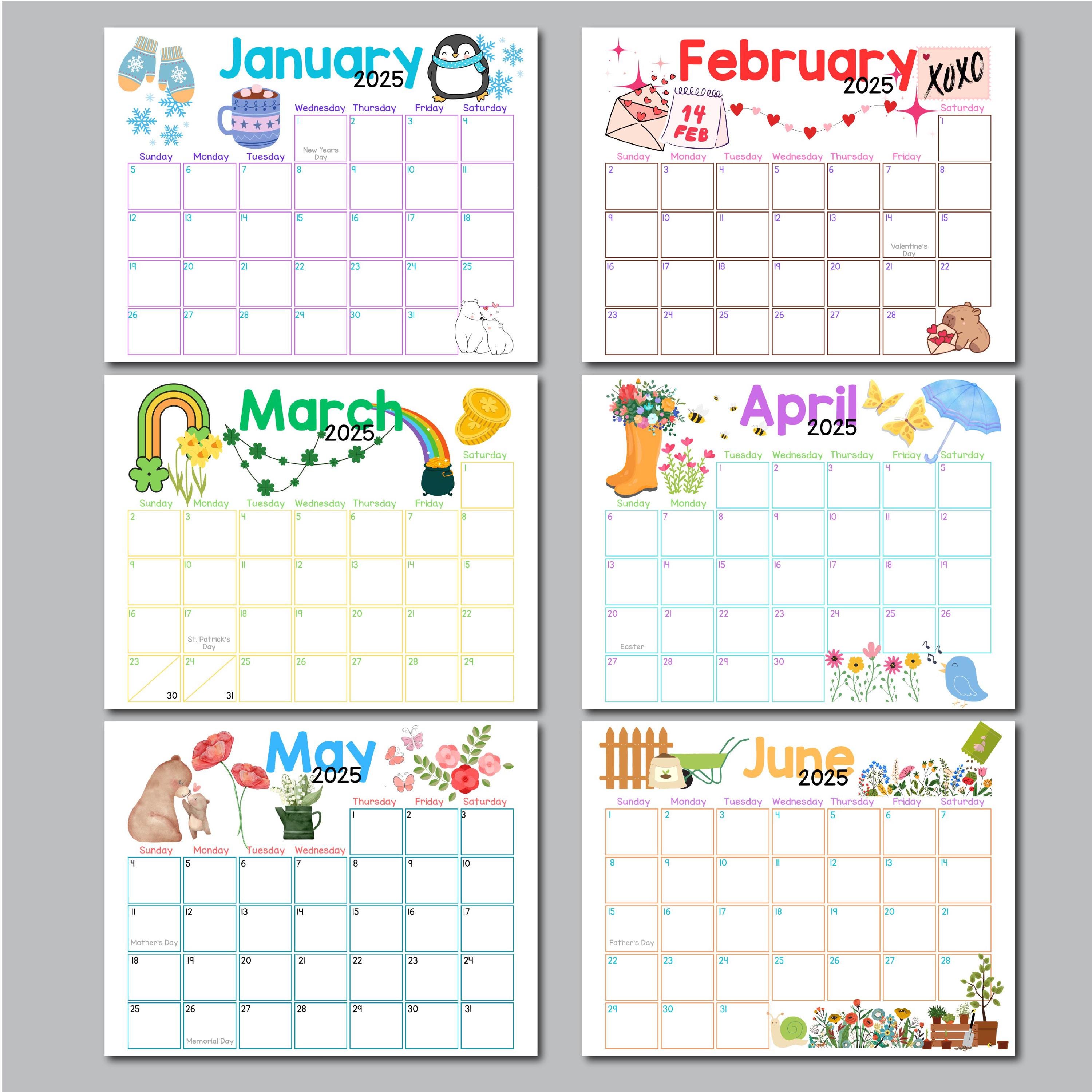 2025 Cute Kids Calendar Printable, Editable Calendar 2025, Kids Monthly ...