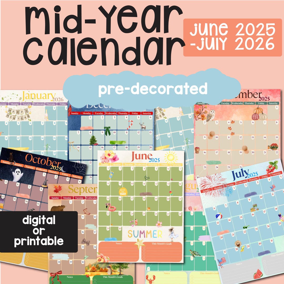 Mid-year Decorated Monthly Calendars CANVA Template, NOTEFUL ...