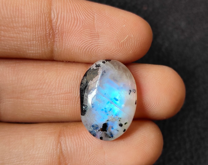 Blue Flashy Rainbow Moonstone Smooth Cabochon Loose Gemstone Black Spot ...