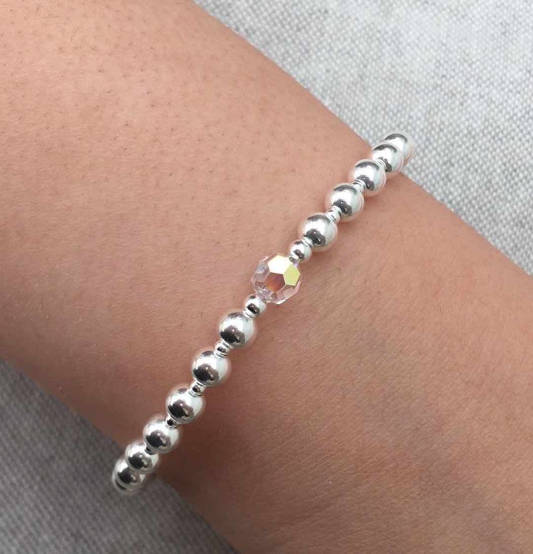 Chunky Sterling Silver Beaded Stretch Stacking Bracelet With Crystal Ab ...