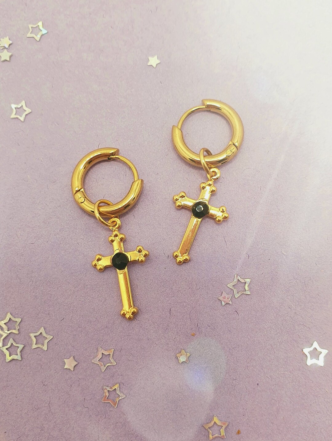 Small Golden Stainless Steel Hoops, Gothic Cross With Shiny Black ...