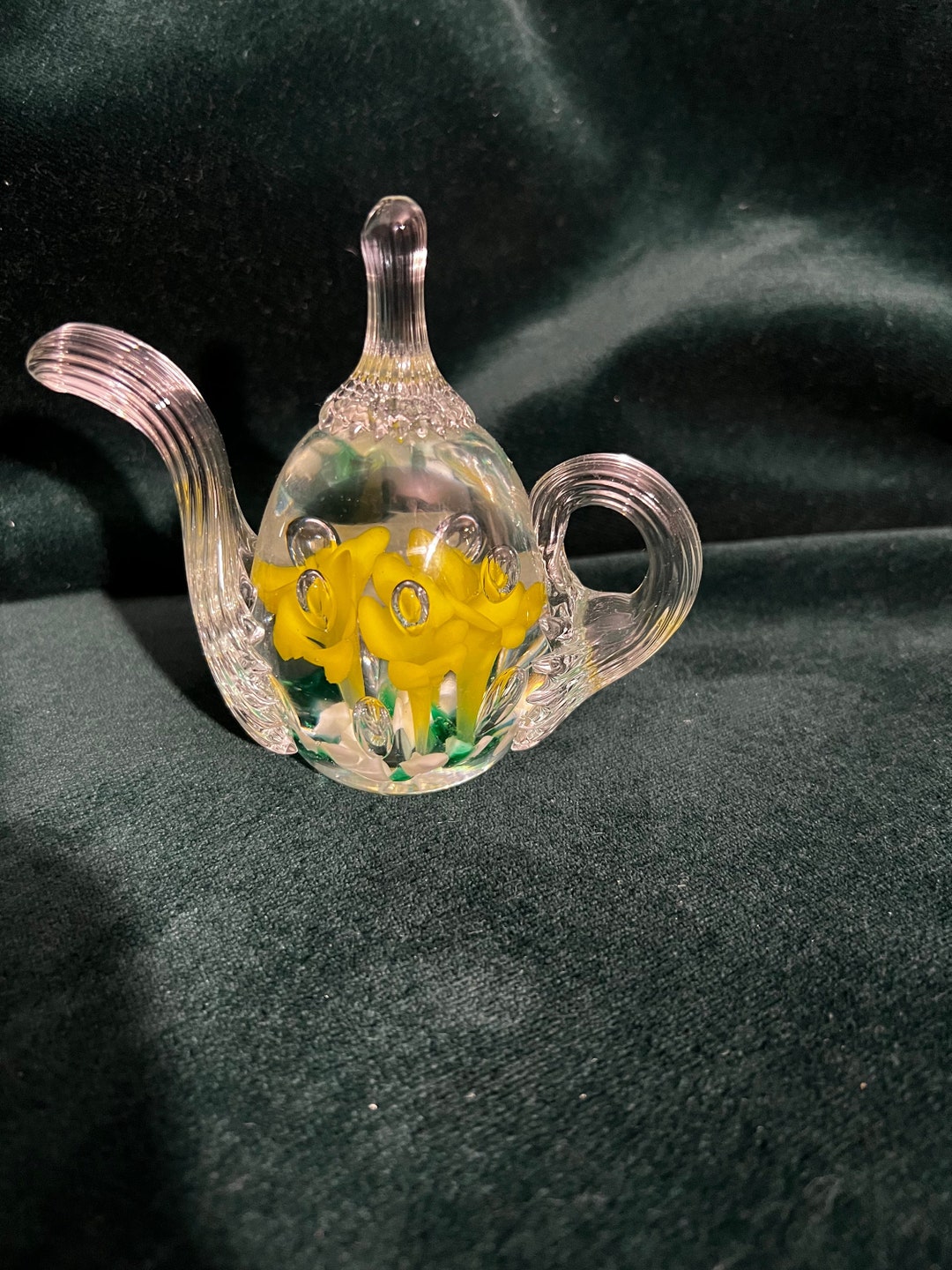 Art Glass Teapot Shaped Ring Holder W/ Yellow Flowers - Etsy