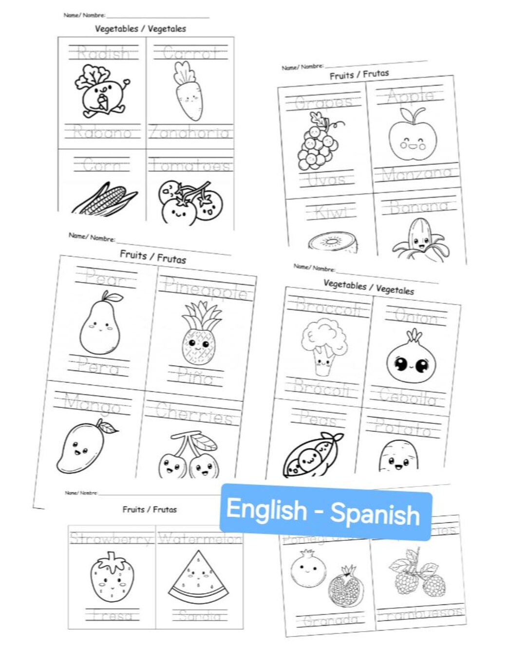 Bilingual Worksheets in Spanish and English / Fruits and Vegetables - Etsy