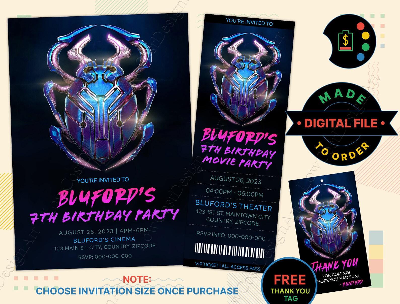 BLUE BEETLE Birthday Invitation, Blue BEETLE Movie Ticket, Blue Beetle ...