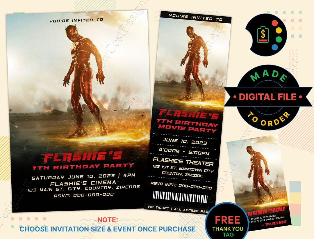 THE FLASH Birthday Invitation, the FLASH Movie Ticket, the Flash ...