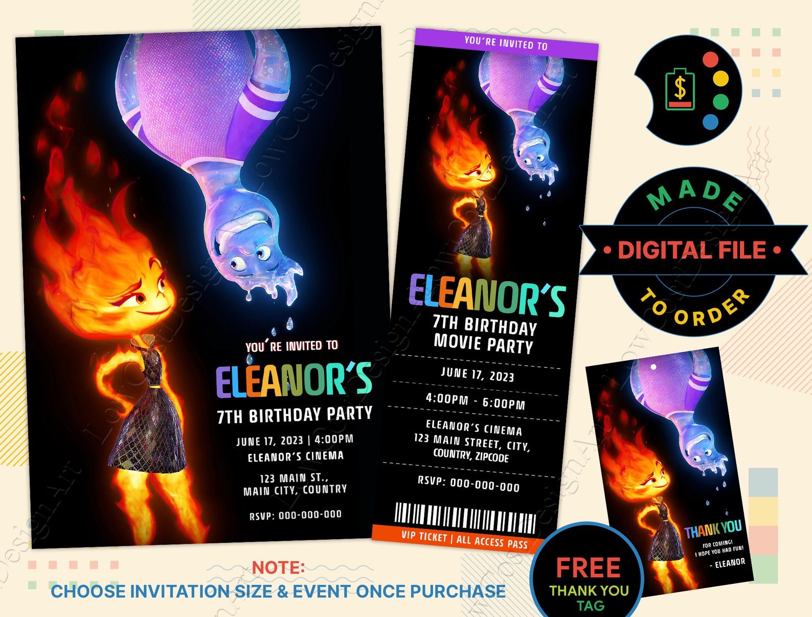ELEMENTAL Birthday Invitation, ELEMENTAL Movie Ticket, ELEMENTAL ...