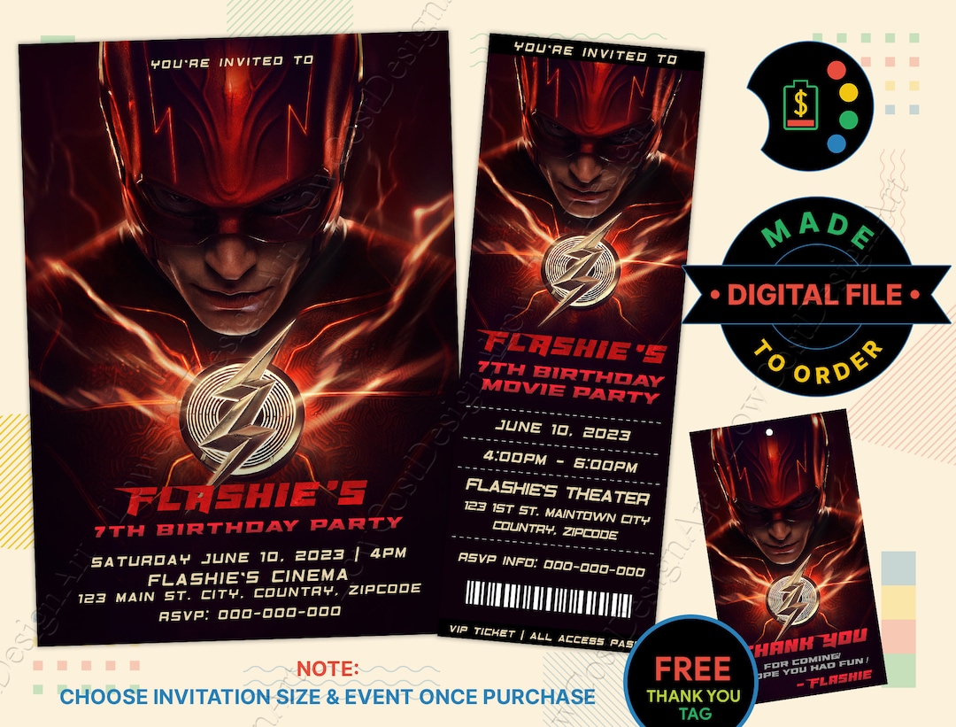 THE FLASH Birthday Invitation, the FLASH Movie Ticket, the Flash ...