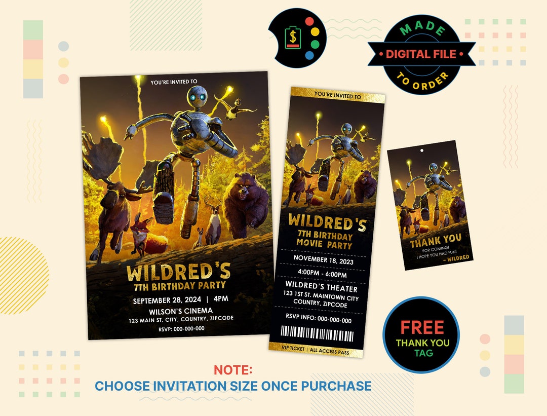 THE WILD ROBOT Birthday Invitation, the Wild Robot Movie Ticket, the ...