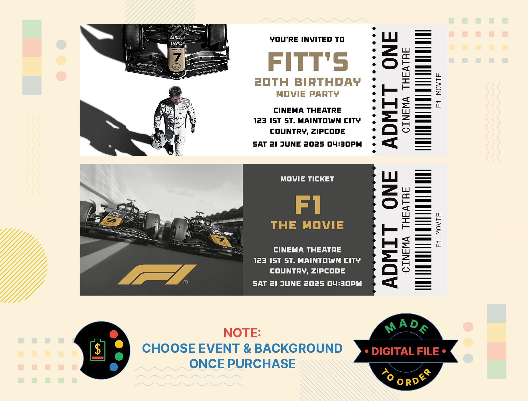 F1 THE MOVIE Birthday Invitation, F1 Movie Ticket, F1 Digital ...