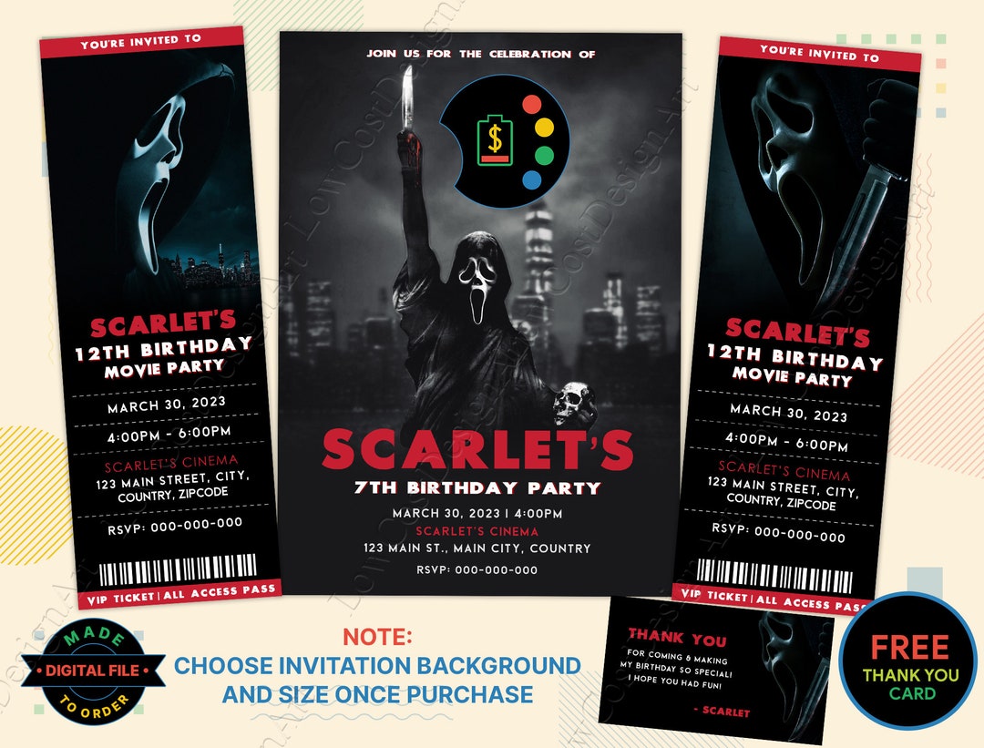 SCREAM Invitación De Cumpleaños, SCREAM Ticket De Cine, SCREAM ...