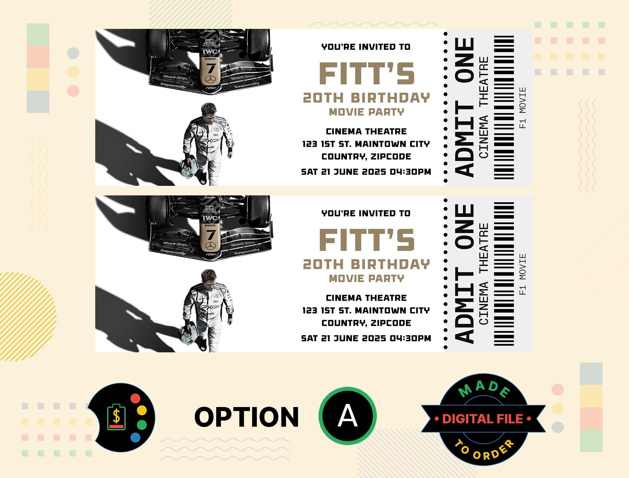 F1 THE MOVIE Birthday Invitation, F1 Movie Ticket, F1 Digital ...