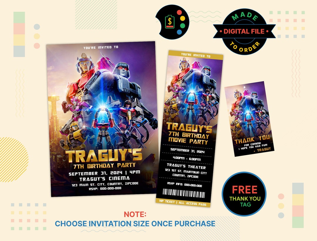 TRANSFORMERS ONE Birthday Invitation, TRANSFORMERS One Movie Ticket ...