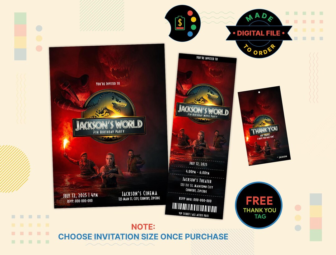 Jurassic World Rebirth Birthday Invitation, Jurassic World Rebirth Movie Ticket, Jurassic World ...