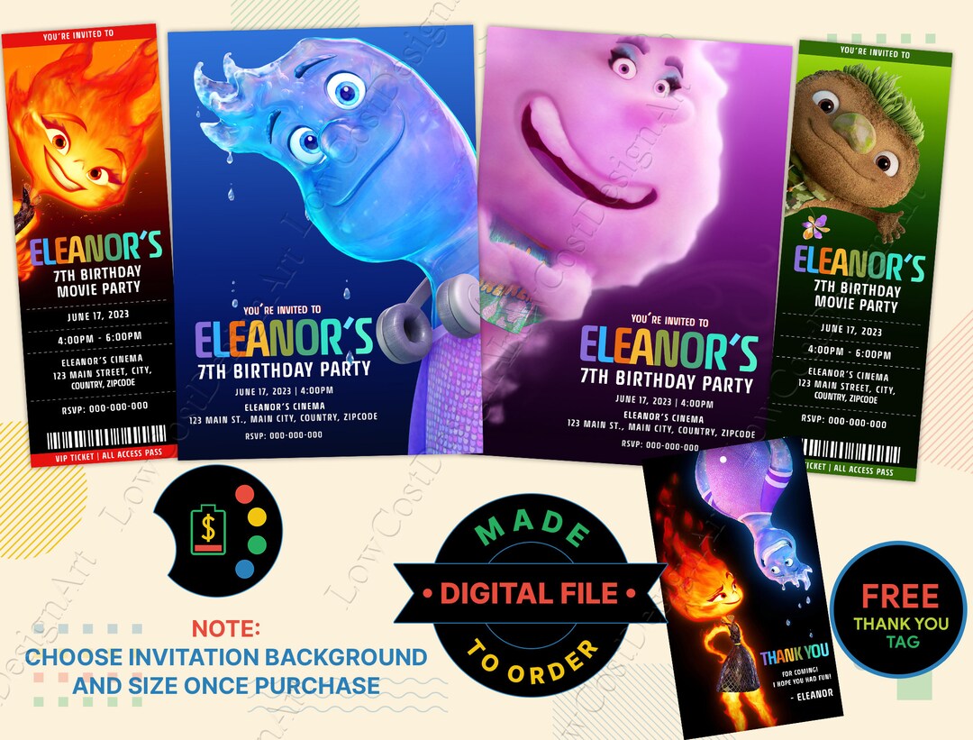 ELEMENTAL Birthday Invitation, ELEMENTAL Movie Ticket, ELEMENTAL ...