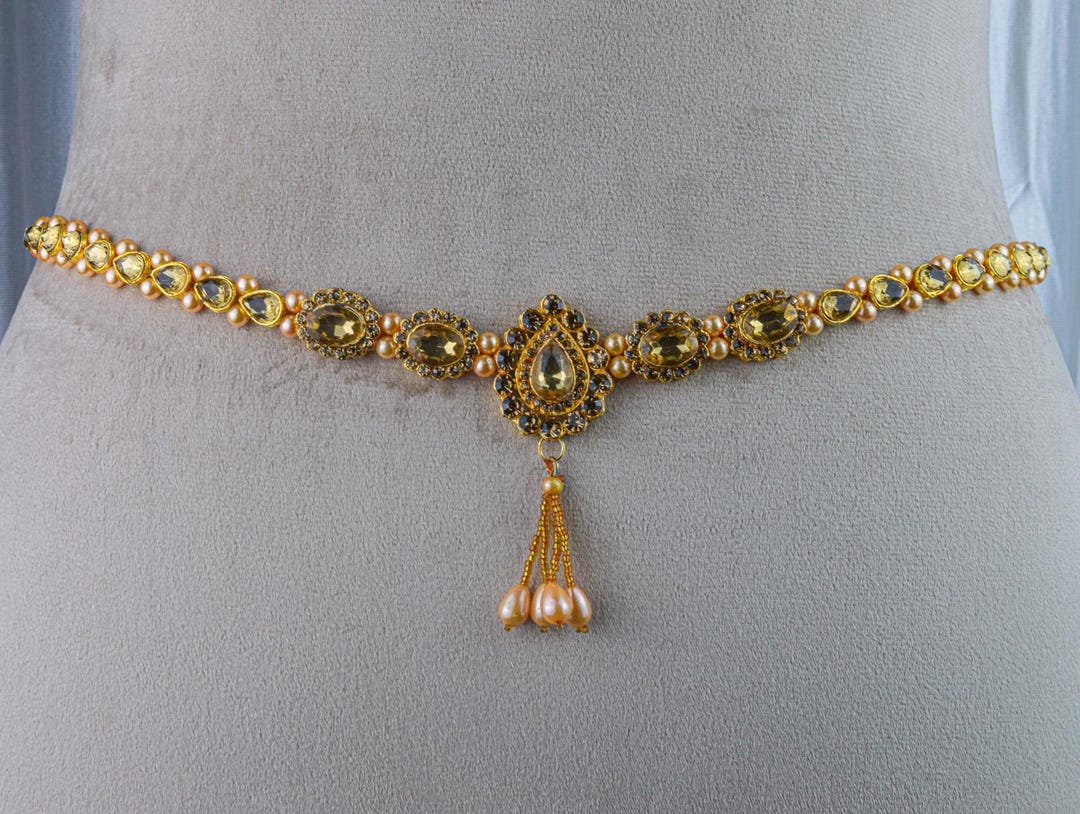 Indian Gold Plated Belly Chain, Pearl Drop Waist Chain, Body Chain ...