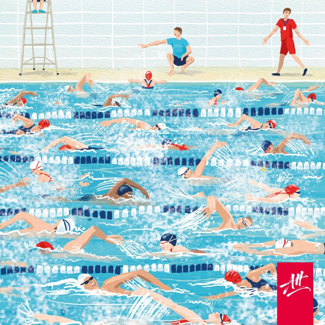 Swimming Pool A3 Art Print. 'gala Chaos' Swimming Gala Warm Up. Swim ...