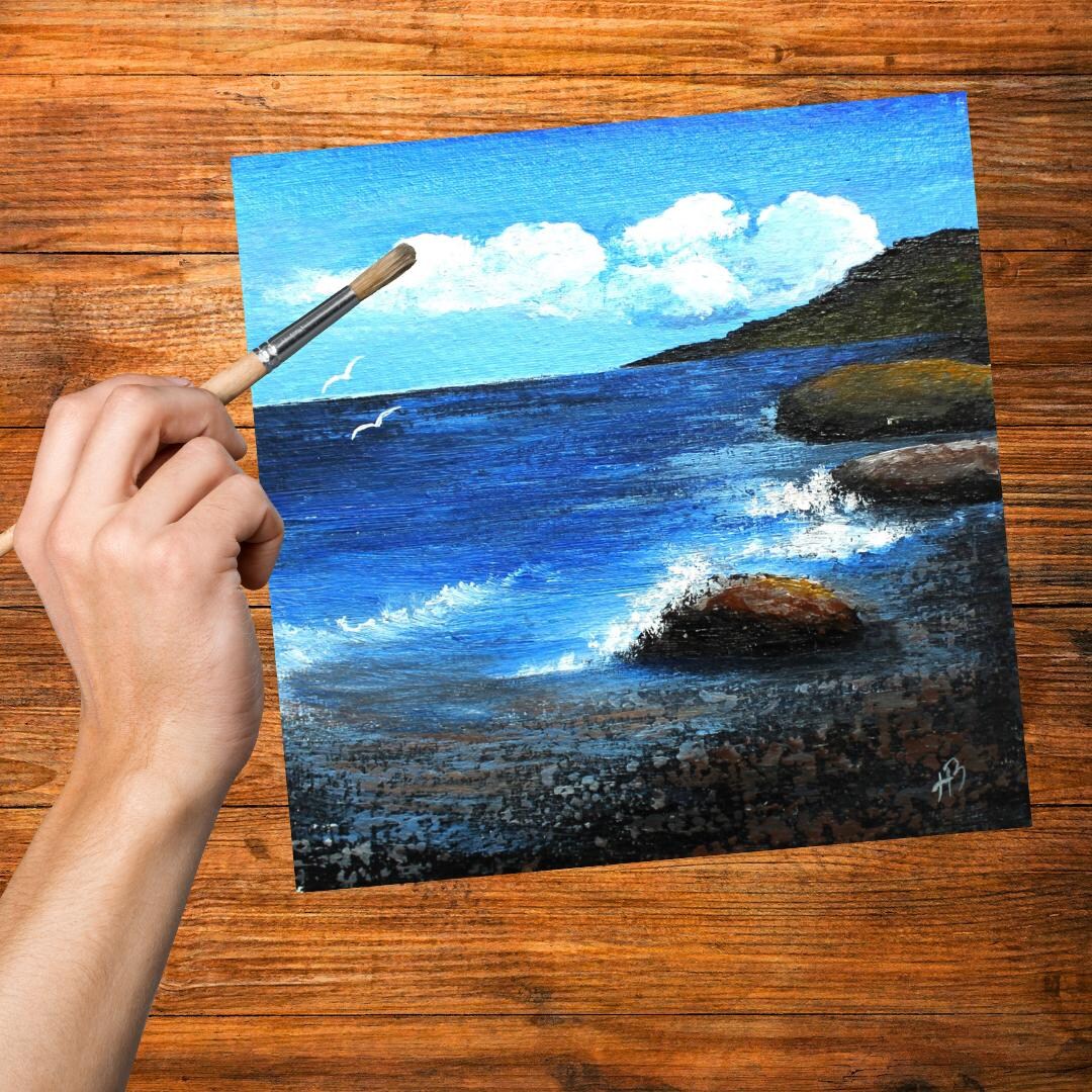 Small Picture, Original, Painting on Canvas, Lake, Mountains, Beach ...
