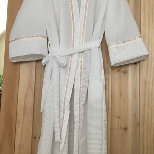 Women’s Long White Cotton Belted Kimono Style Robe Trimmed in Pink With ...