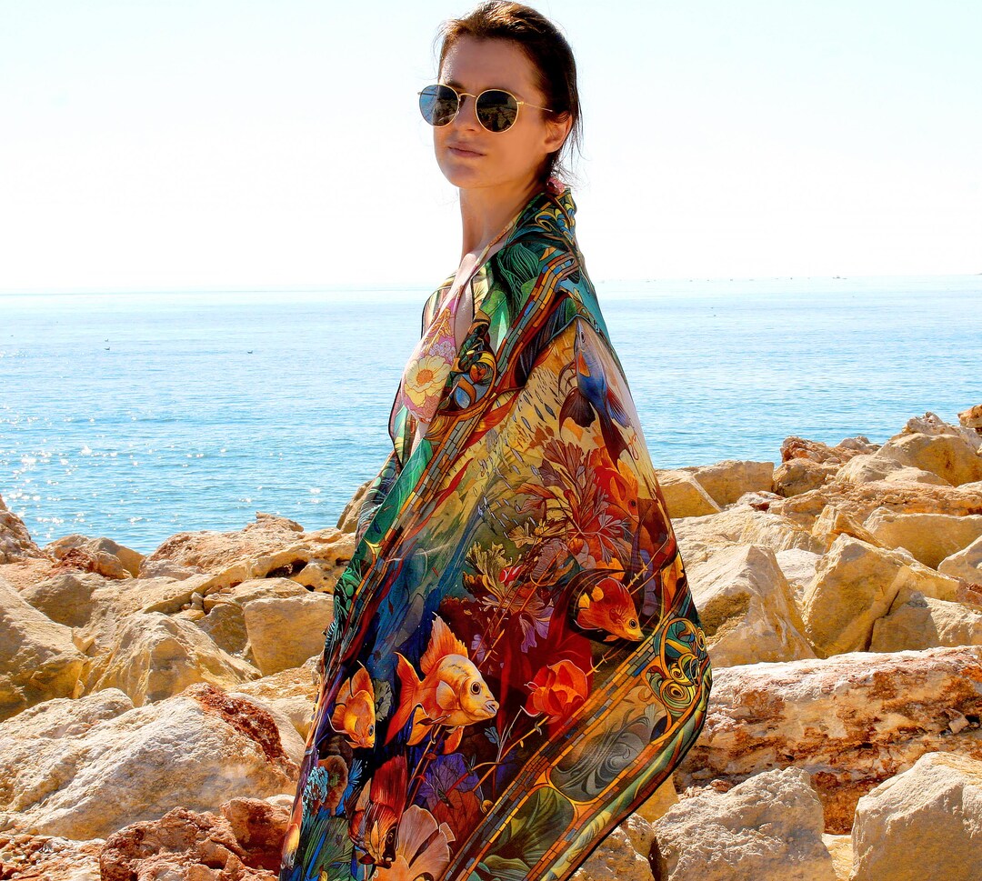 Ocean Fish Chiffon Scarf: Art Nouveau Style, Hand-painted Accents - Etsy