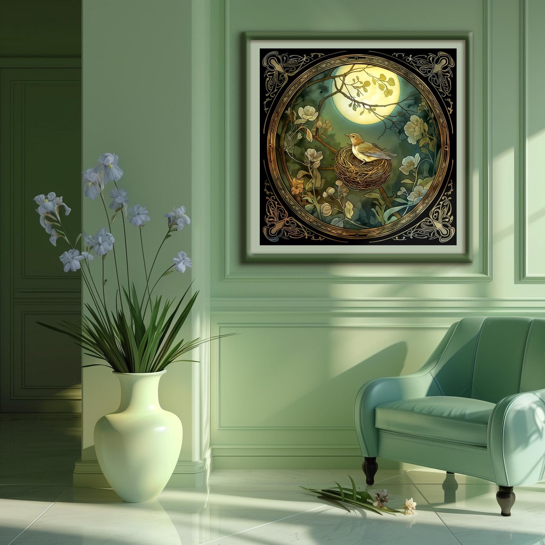 Square Wall Art, Moon and Nightingale in a Garden, Mixed Media on ...