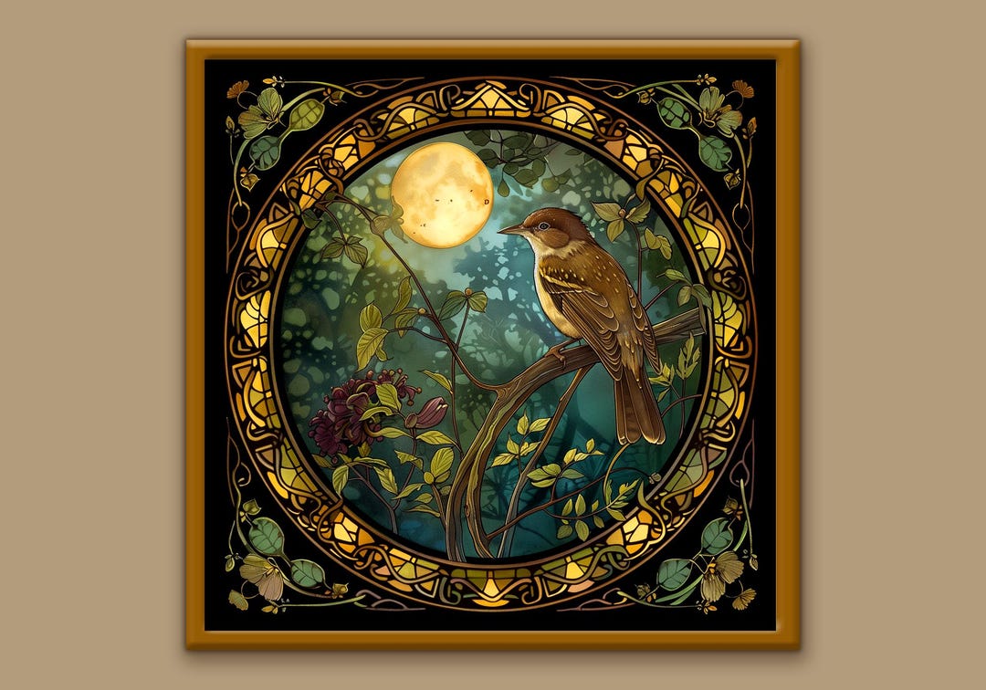 Moon Nightingale Art Nouveau Canvas Print: Boho Night Garden Wall Art ...
