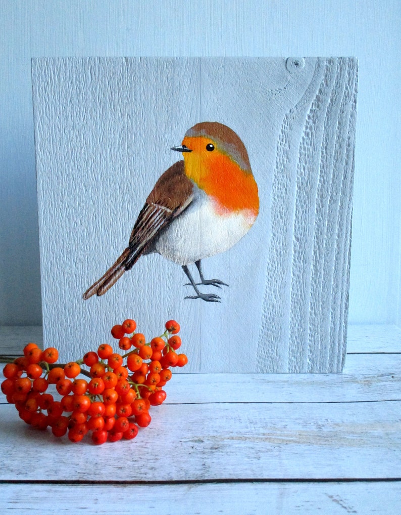 Painted Robin on Wood, Bird Paintings, Painted Birds, Robin Painting ...
