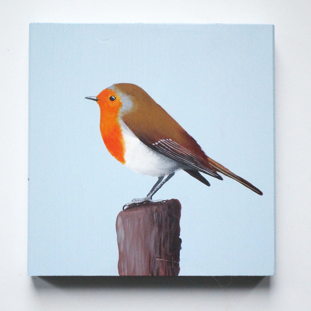 Painted Robin on Wood, Bird Paintings, Painted Birds, Robin Painting ...