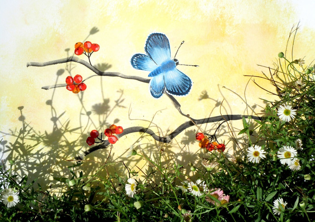 Art Print With Butterfly and Flowers and Shadowplay, Summer Feeling ...