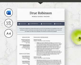 Teacher Resume Template for Word and Pages 1, 2 & 3 Page Teacher Resume ...