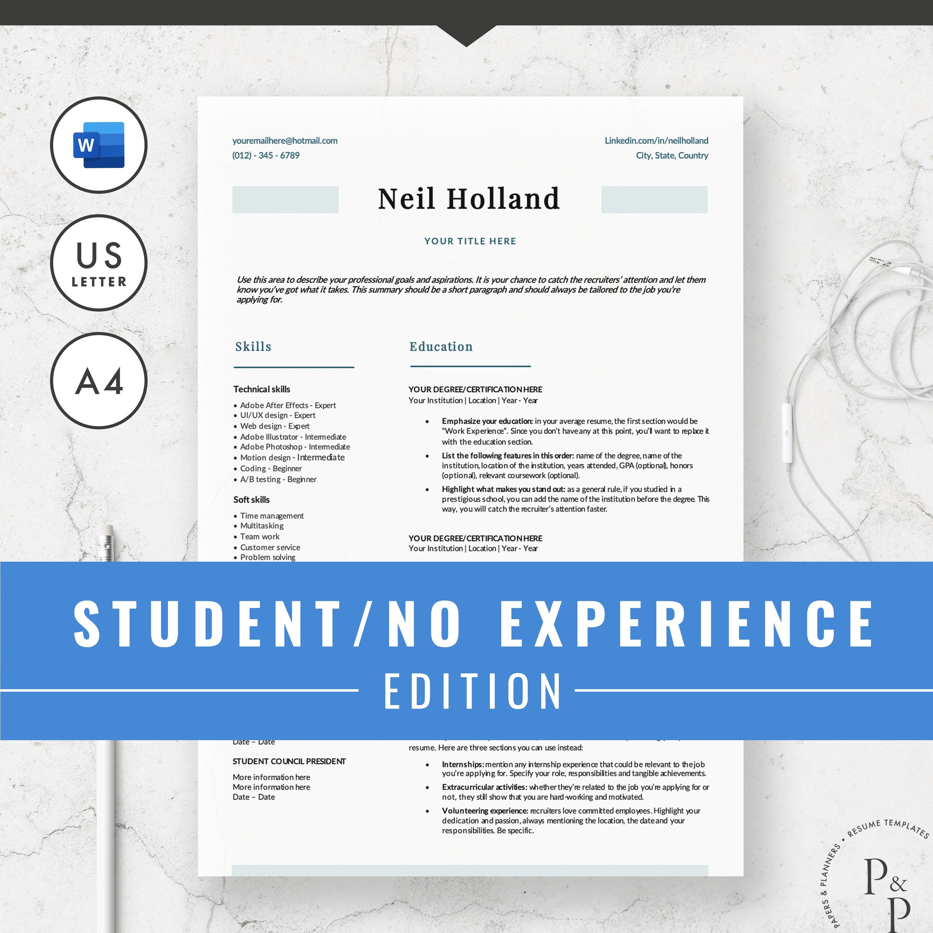 Student Resume for Microsoft Word Student Resume Template - Etsy