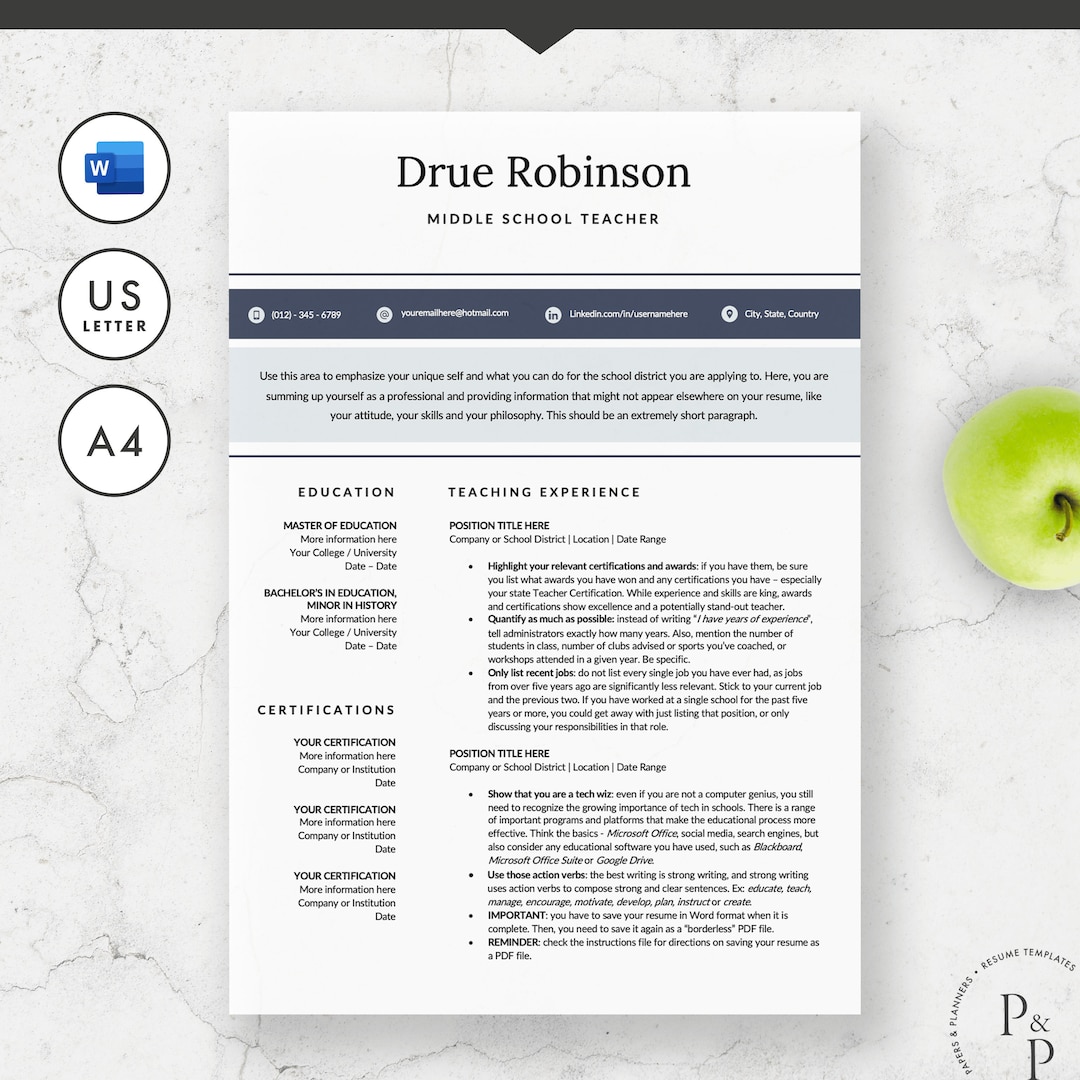 Teacher Resume Template for Word 1, 2 & 3 Page Teacher Resume CV ...