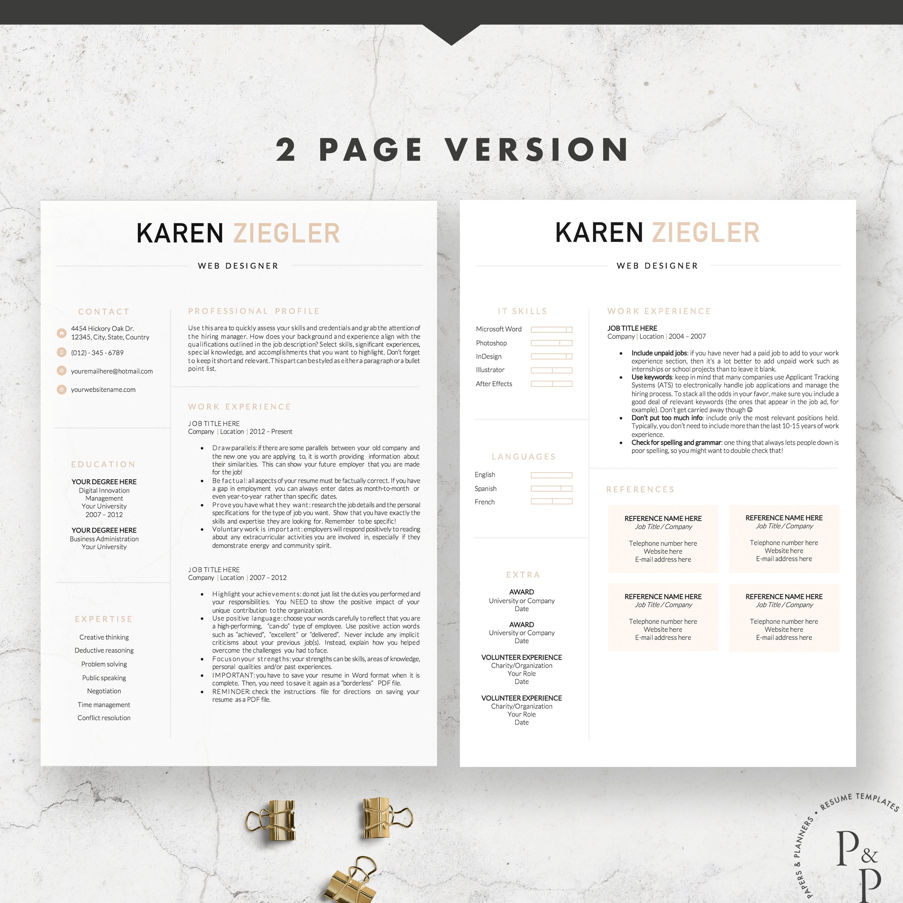 Minimalist Resume Template, CV Template, 1 3 Page Resume Templates ...
