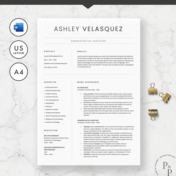Administrative Resume Template for Word Executive Resume - Etsy