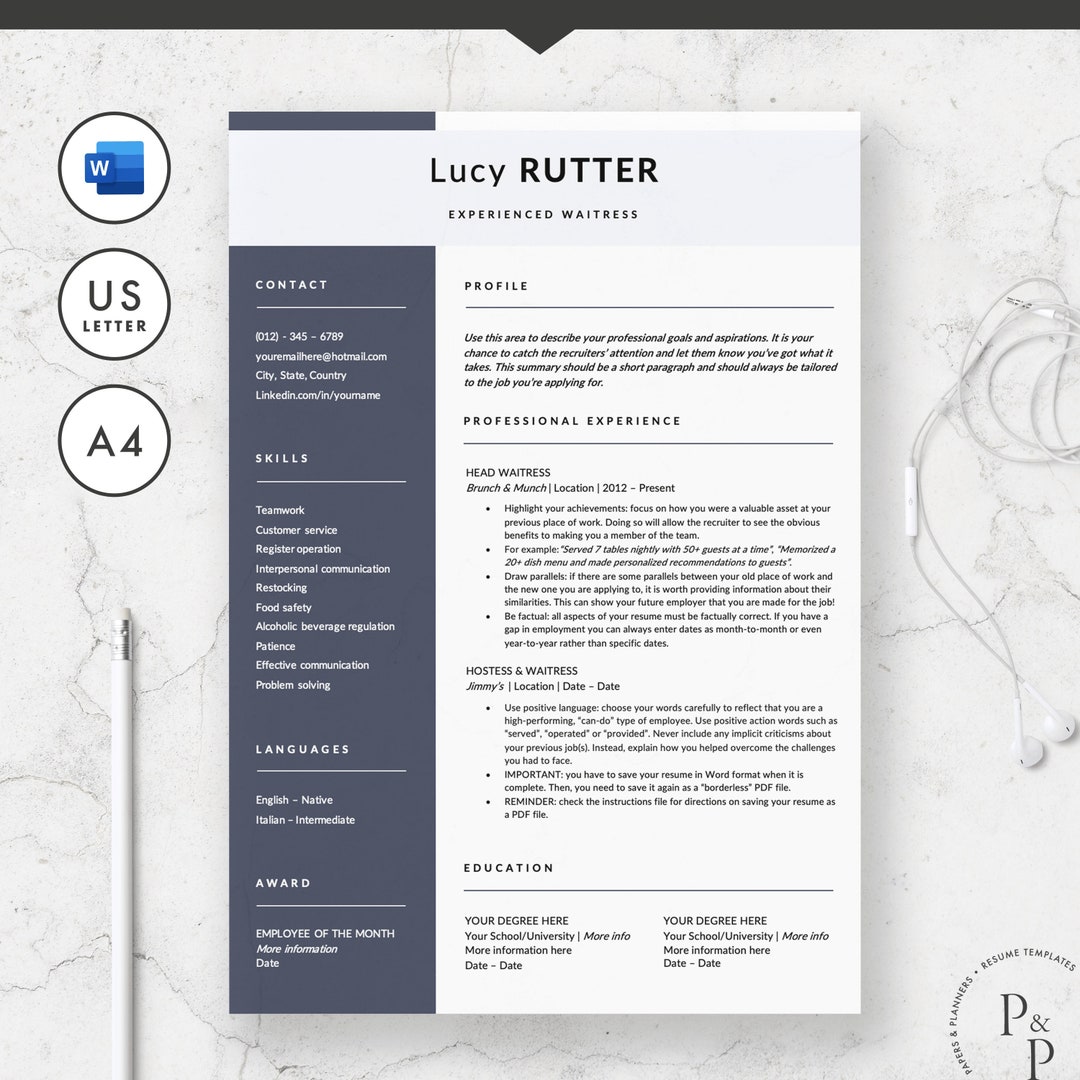 Server Resume Template for Microsoft Word, Waitress Resume, Waiter ...