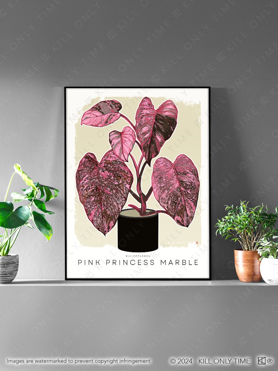 Vintage Philodendron Pink Princess Marble II Art Print: Hand-drawn ...