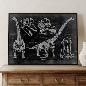 Brachiosaurus Skeleton Art Print, Dinosaur Skull Drawing, Jurassic ...