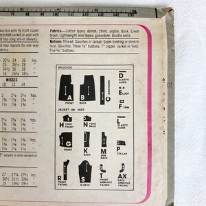 Vintage Ca. 1977 Simplicity 8202 Gaucho & Unlined Jacket or Vest Sewing ...